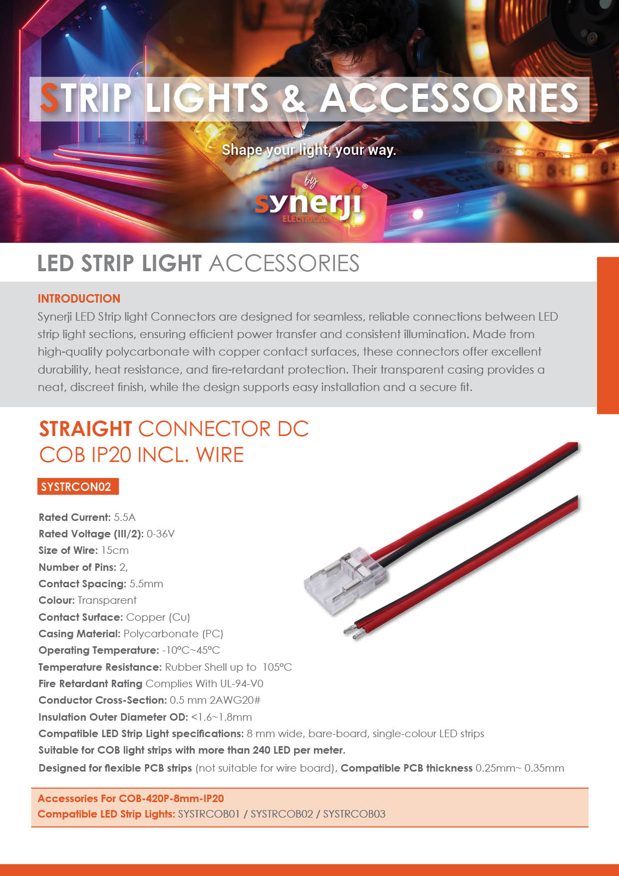 STRAIGHT CONNECTOR DC COB IP20 INCL. WIRE – Synerji Electrical